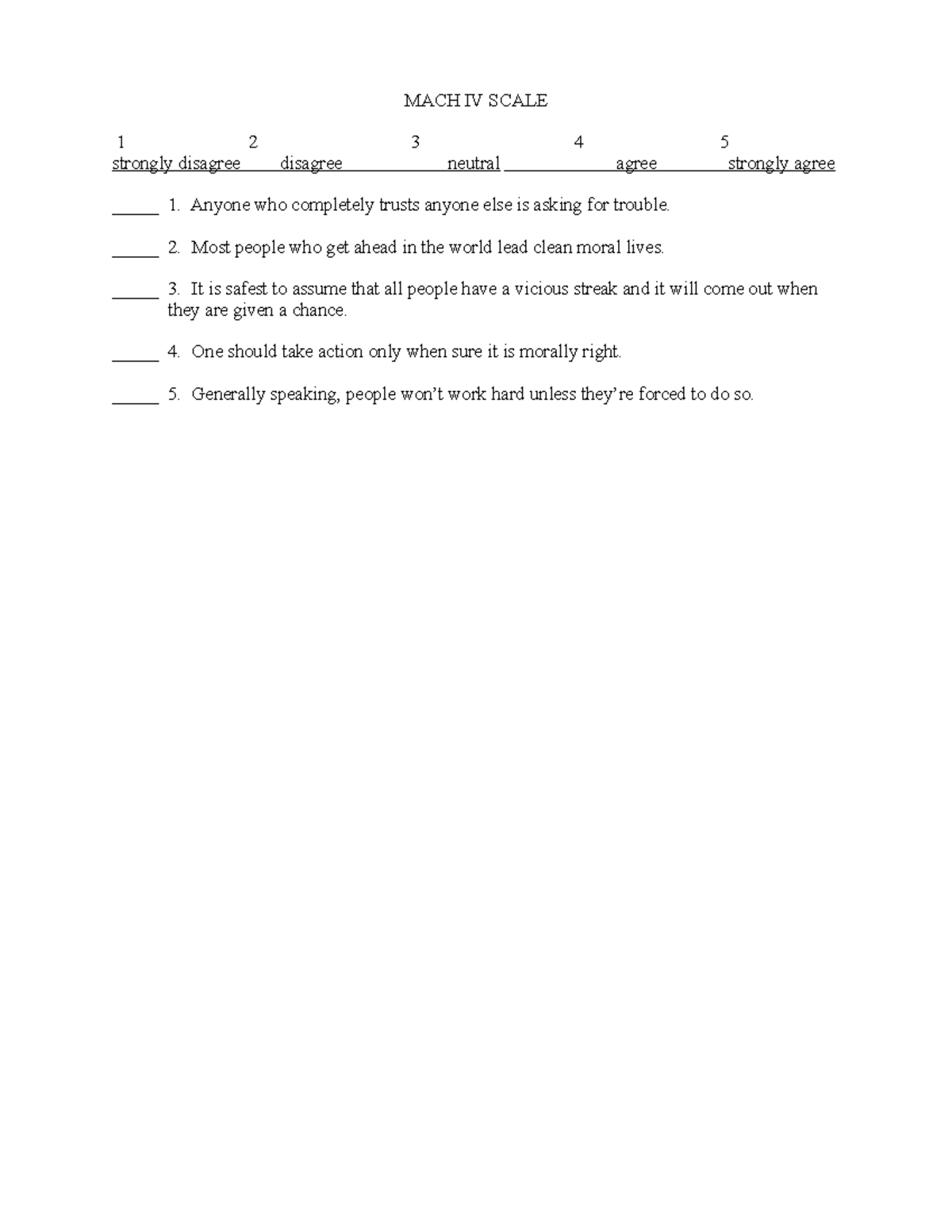 Machiavellianism personality scales - Mach IV with key - MACH IV SCALE ...