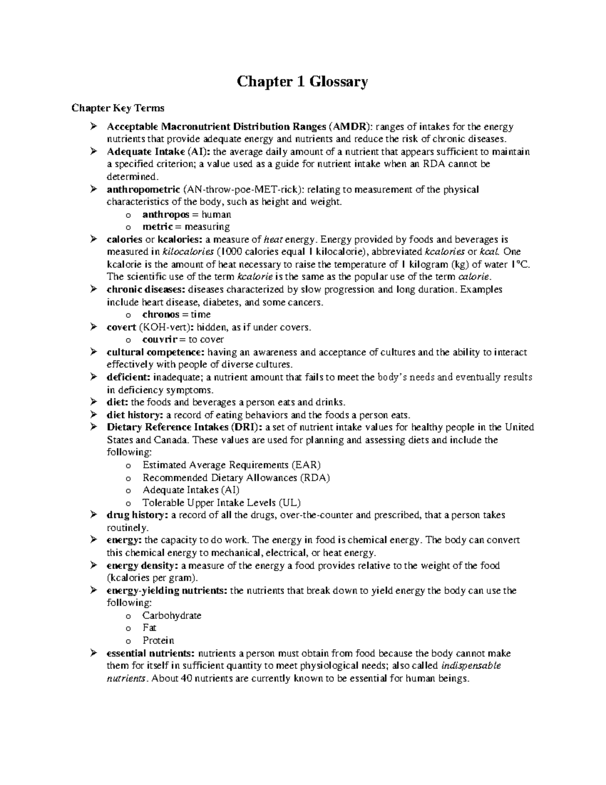 Chap 1 glossary terms - Chapter 1 Glossary Chapter Key Terms Acceptable Macronutrient ...