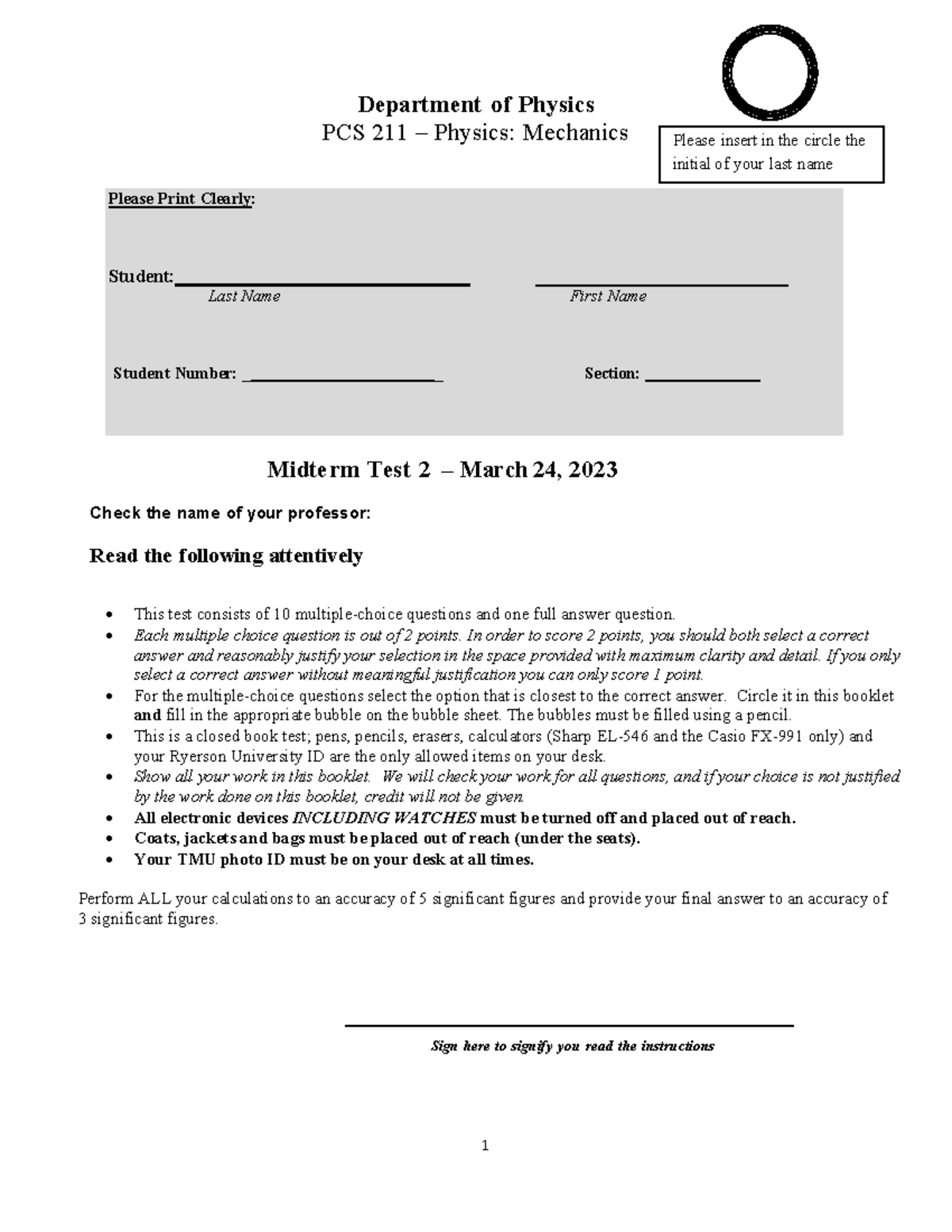 PCS211 W2023 Midterm 2 solutions - Department of Physics PCS 211 – Physics: Mechanics Midterm ...