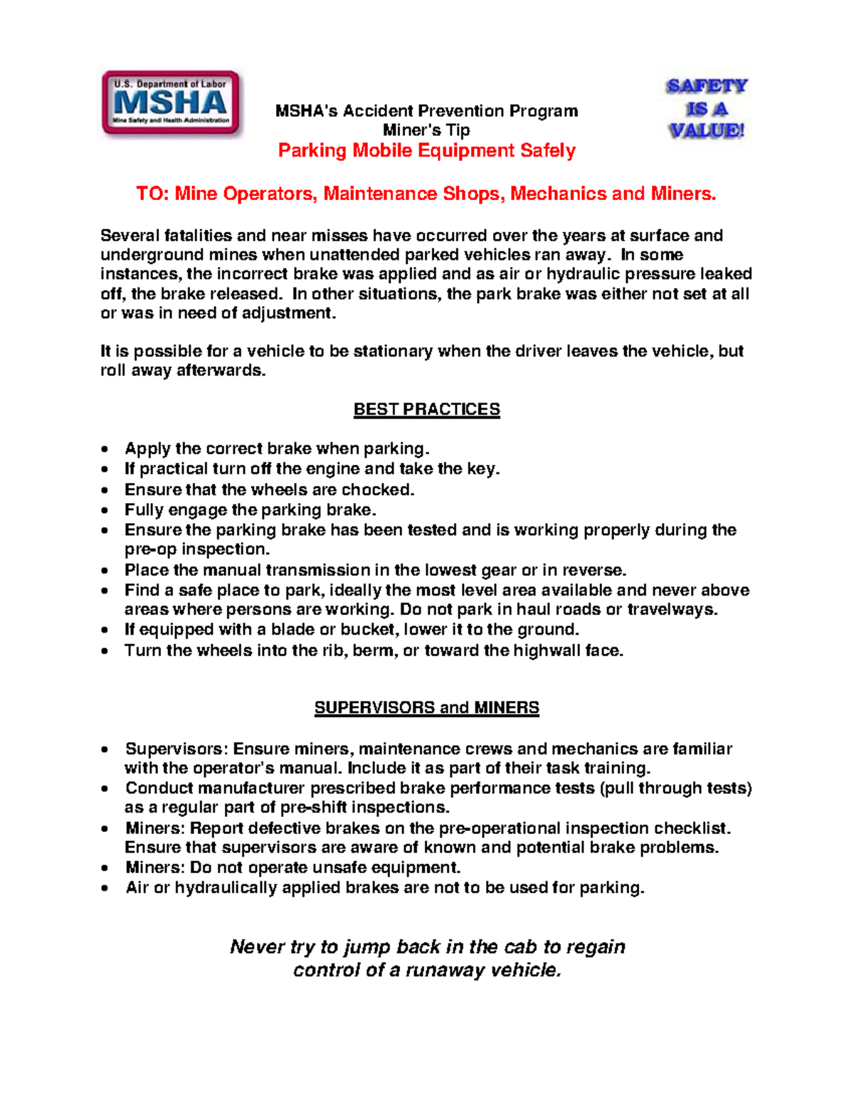 Park brake alert 0310 - Safety Engineering - MSHA's Accident Prevention ...