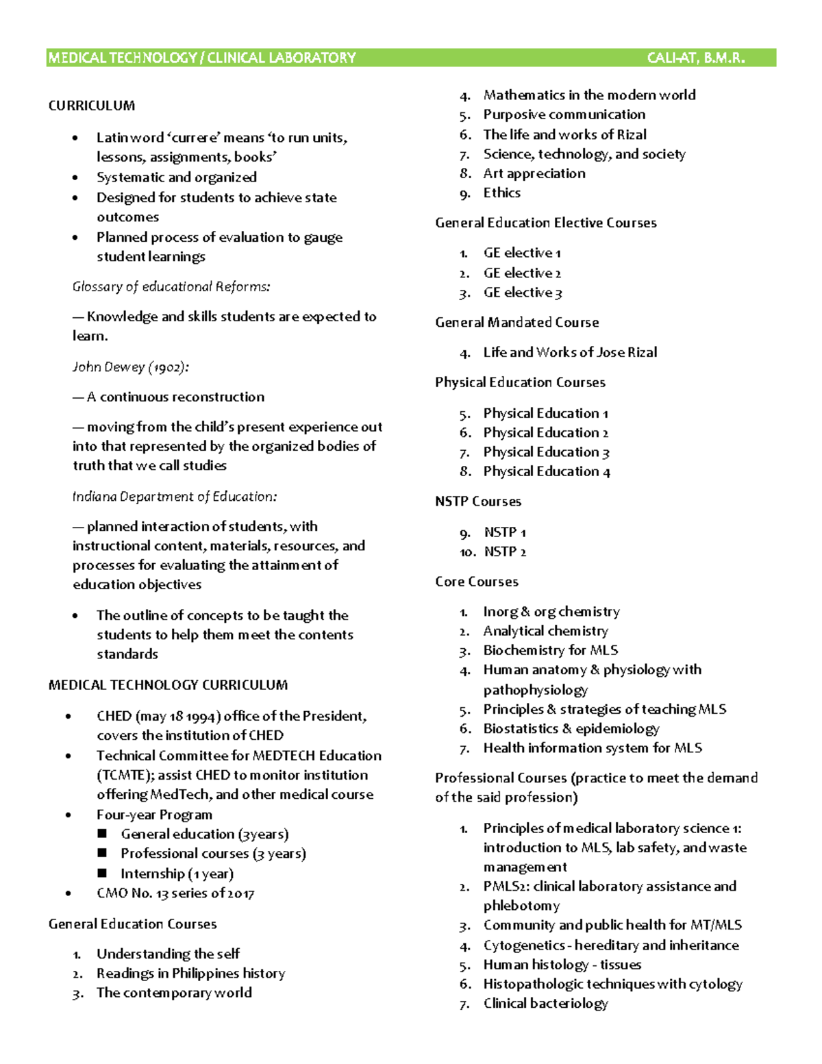 PMLS1 Clinlab MLS - CURRICULUM Latin word ‘currere’ means ‘to run units ...