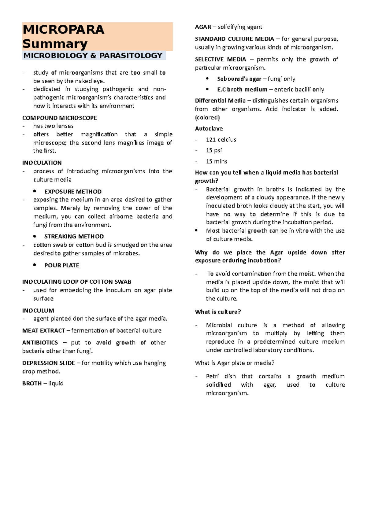 Summary-in-Microbiology - MICROPARA Summary MICROBIOLOGY & PARASITOLOGY ...