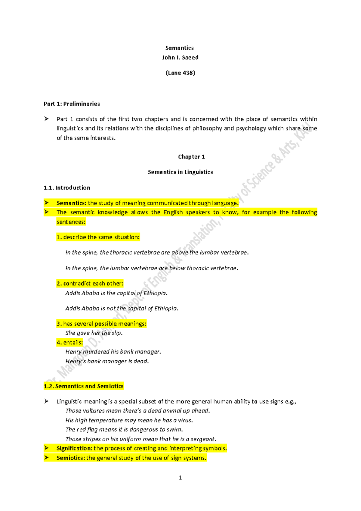 160221 - old assignments and quiz and exams - Semantics John I. Saeed (Lane 438) Part 1: - Studocu