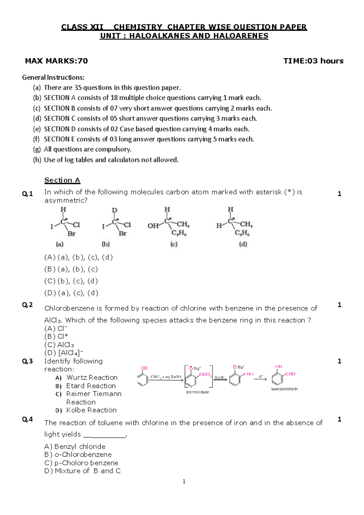 HALO Alkanes Sample Paper - CLASS XII CHEMISTRY CHAPTER WISE QUESTION PAPER UNIT : HALOALKANES ...