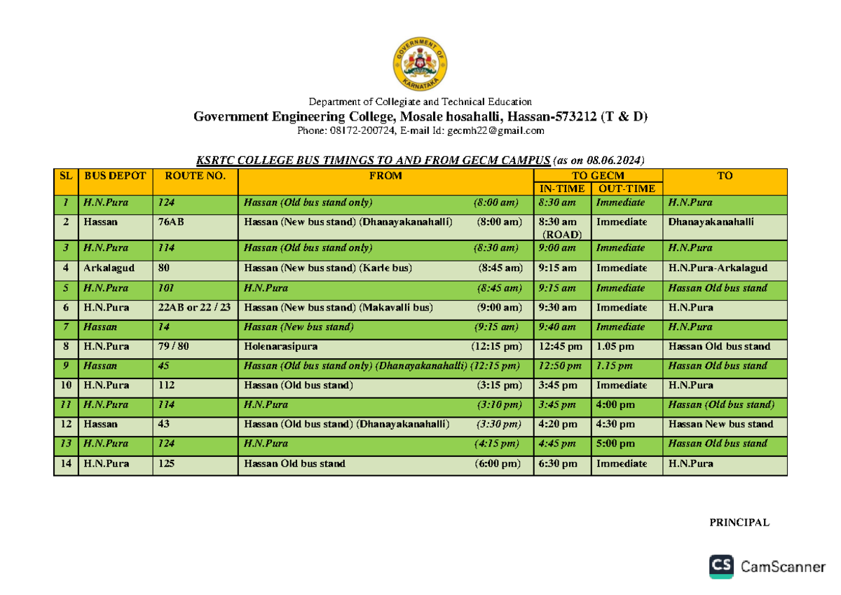 Ksrtc Bus timings of GECM - 08.06.24 - Colour - Department of ...
