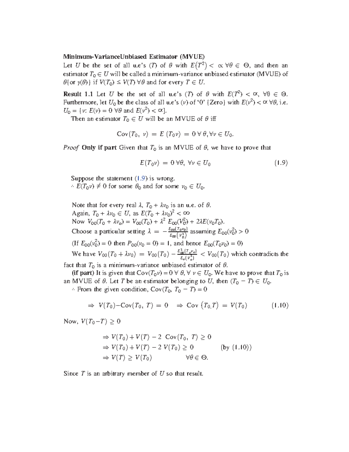 MVUE of parameters - Minimum-VarianceUnbiased Estimator (MVUE) LetUbe ...