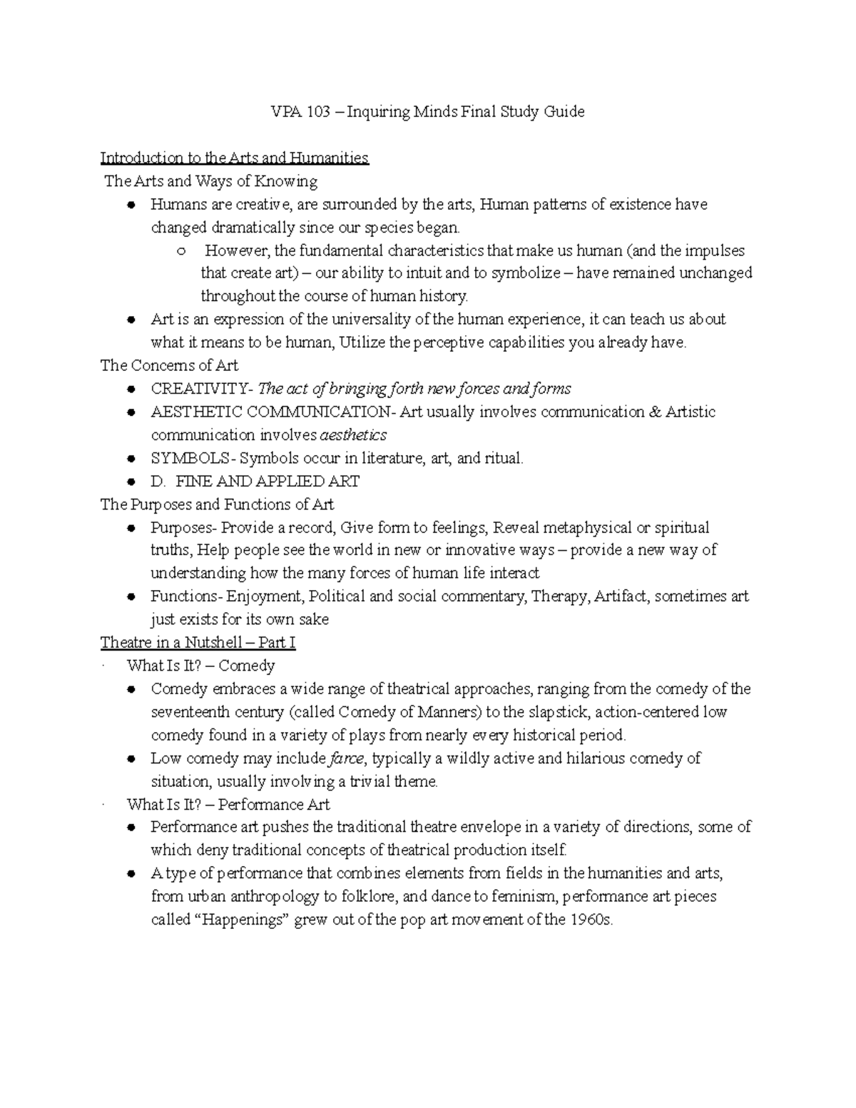 VPA Final Study Guide - VPA 103 – Inquiring Minds Final Study Guide ...
