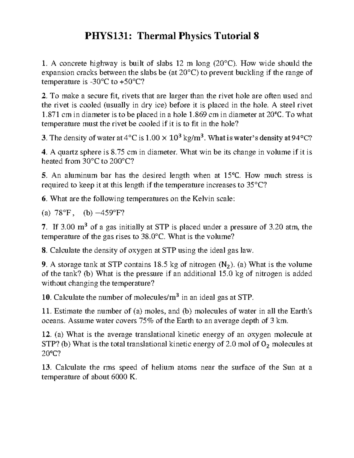 PHYS131 Tutorial on temperature and kinetic theory - PHYS131: Thermal ...