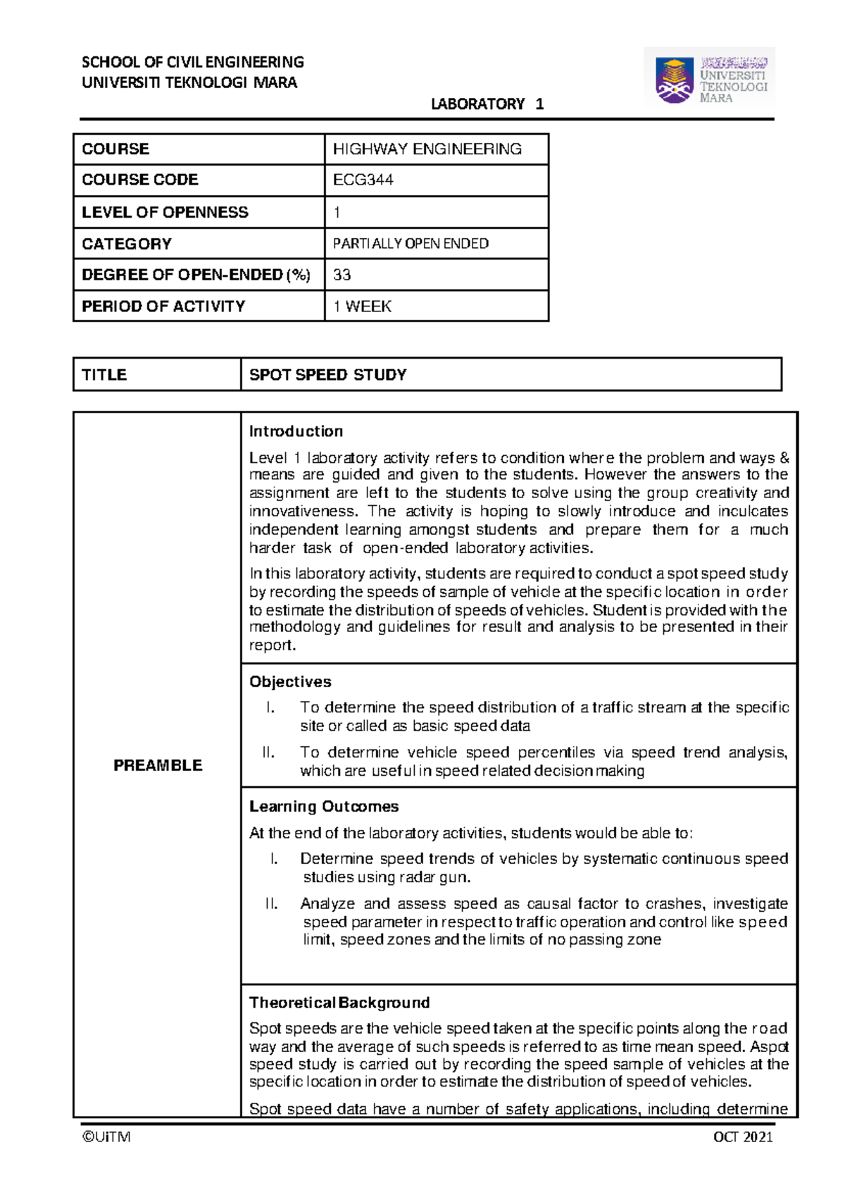 LAB 1- Spot Speed Study OEL1 - SCHOOL OF CIVIL ENGINEERING UNIVERSITI ...