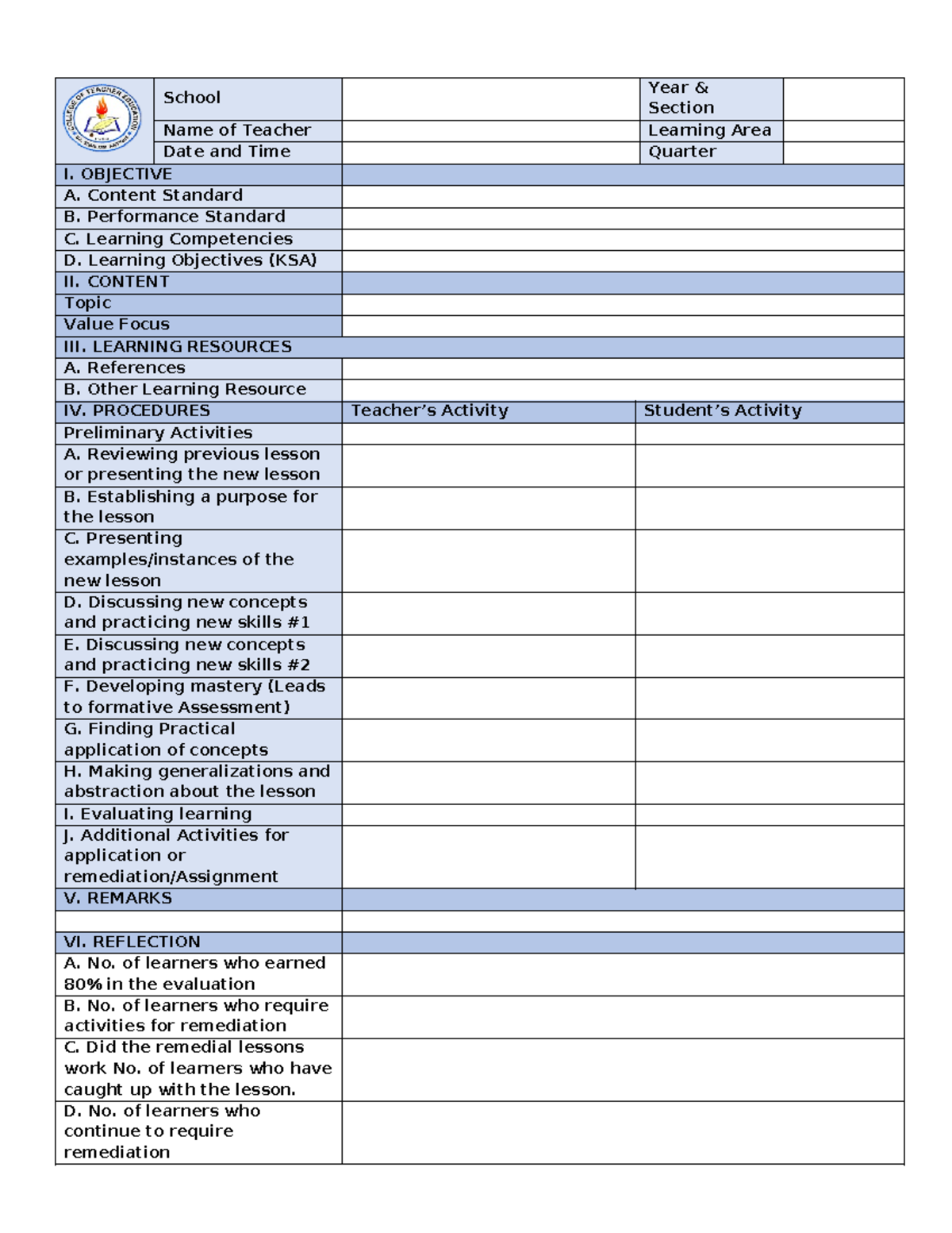 A J lp format - School Year & Section Name of Teacher Learning Area ...
