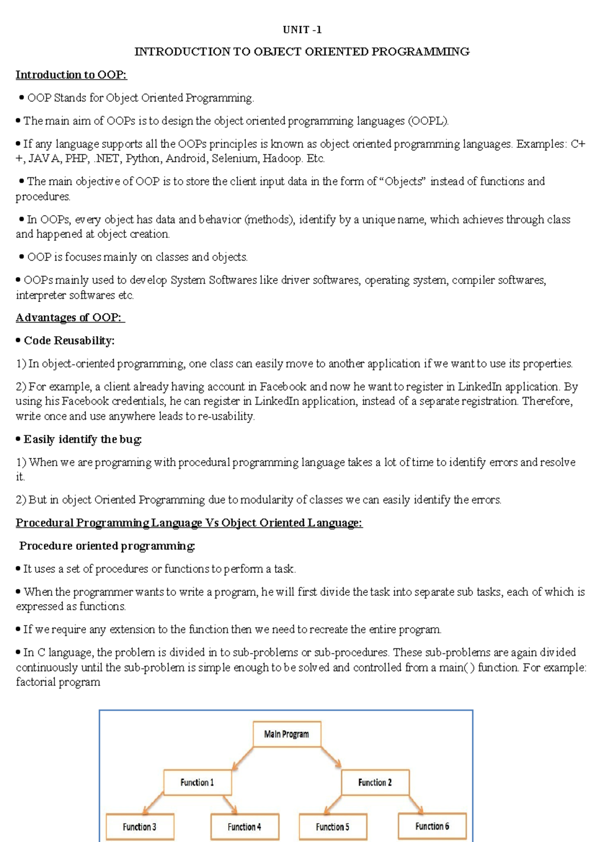 VR22 JAVA UNIT-1 - UNIT - INTRODUCTION TO OBJECT ORIENTED PROGRAMMING Introduction to OOP: OOP ...