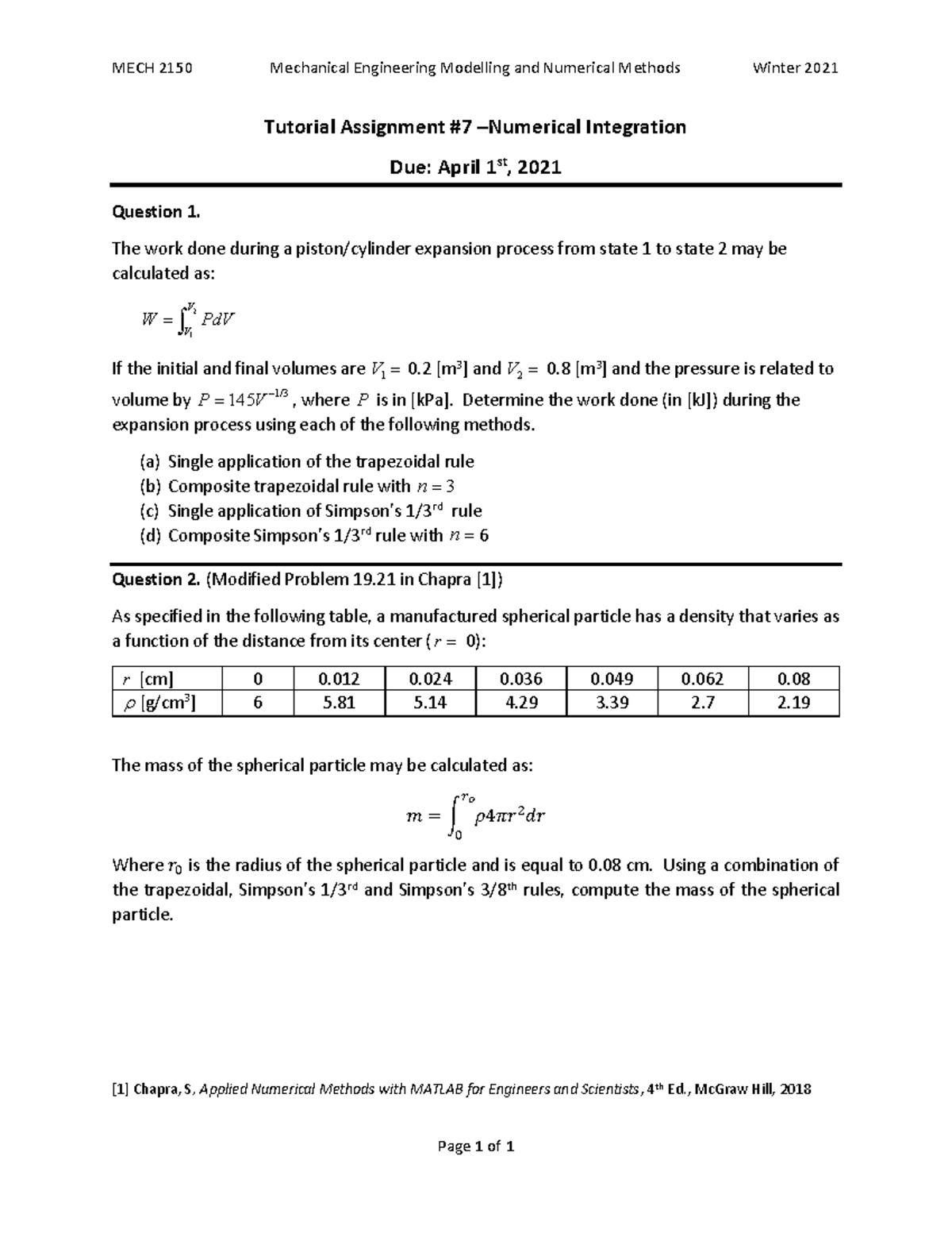 Tutorial Assignment 7 - The work done during a piston/cylinder expansion process from state 1 to ...