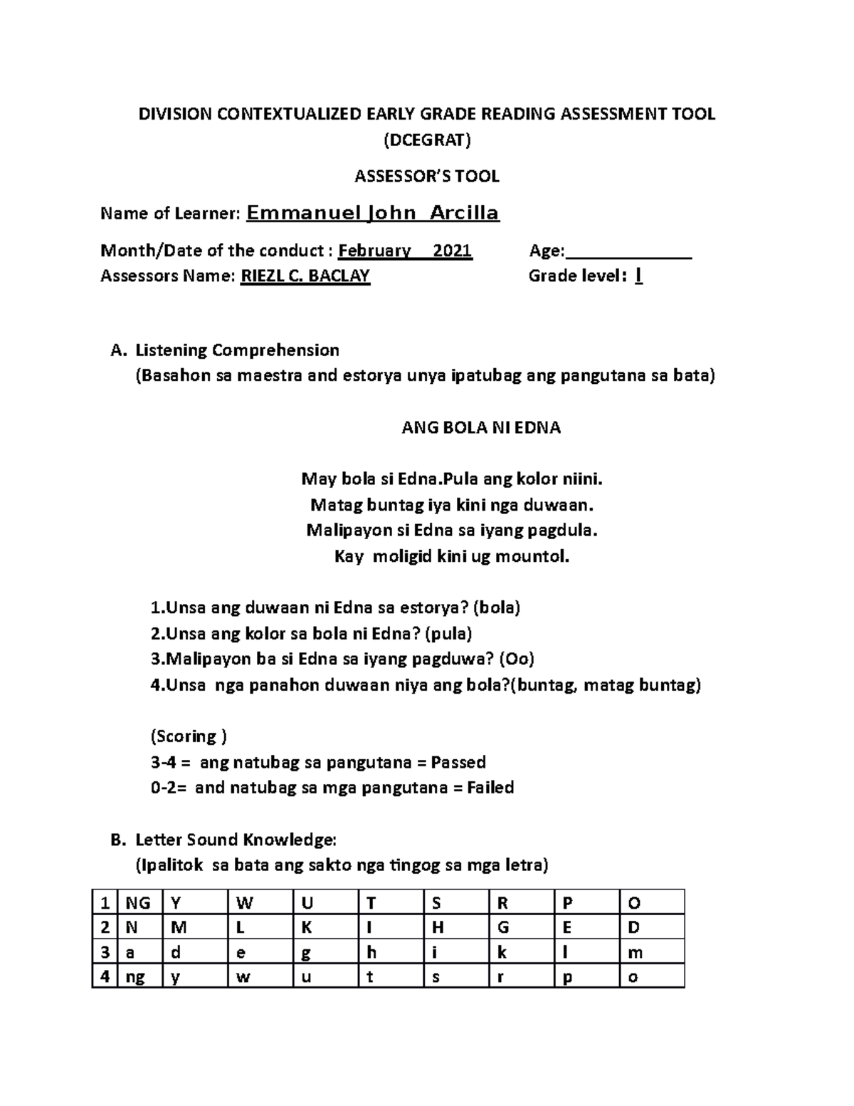 Division Contextualized Early Grade Reading Assessment TOOL - DIVISION CONTEXTUALIZED EARLY ...