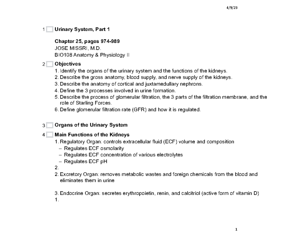 Lecture 15 - Urinary System - Part 1 - 4/9/ 1 Urinary System, Part 1 ...