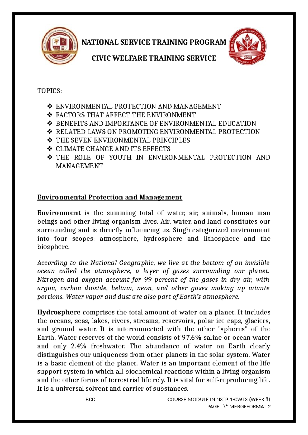 NSTP 1 CWTS WEEK 8 SIR Robin - NATIONAL SERVICE TRAINING PROGRAM CIVIC ...