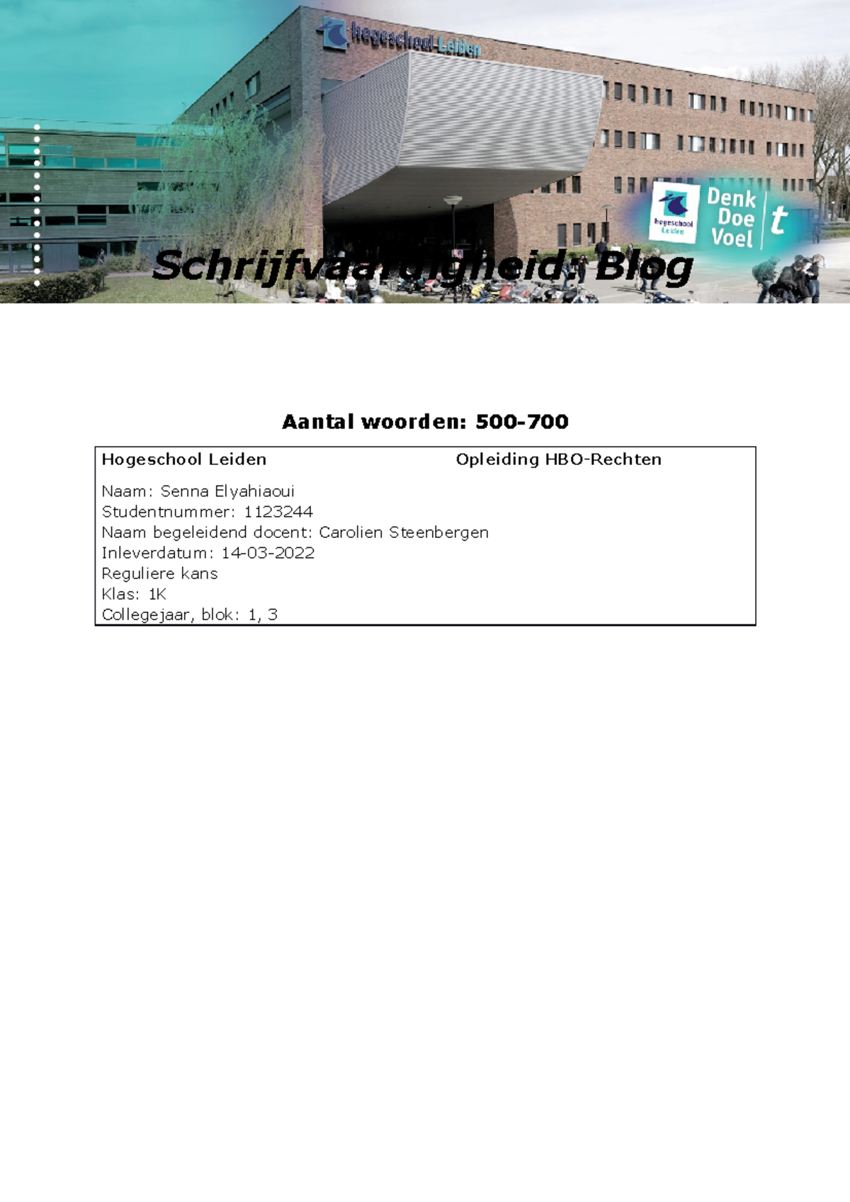 BLOG schrijfvaardigheid - HBO rechten - HS Leiden - Studeersnel