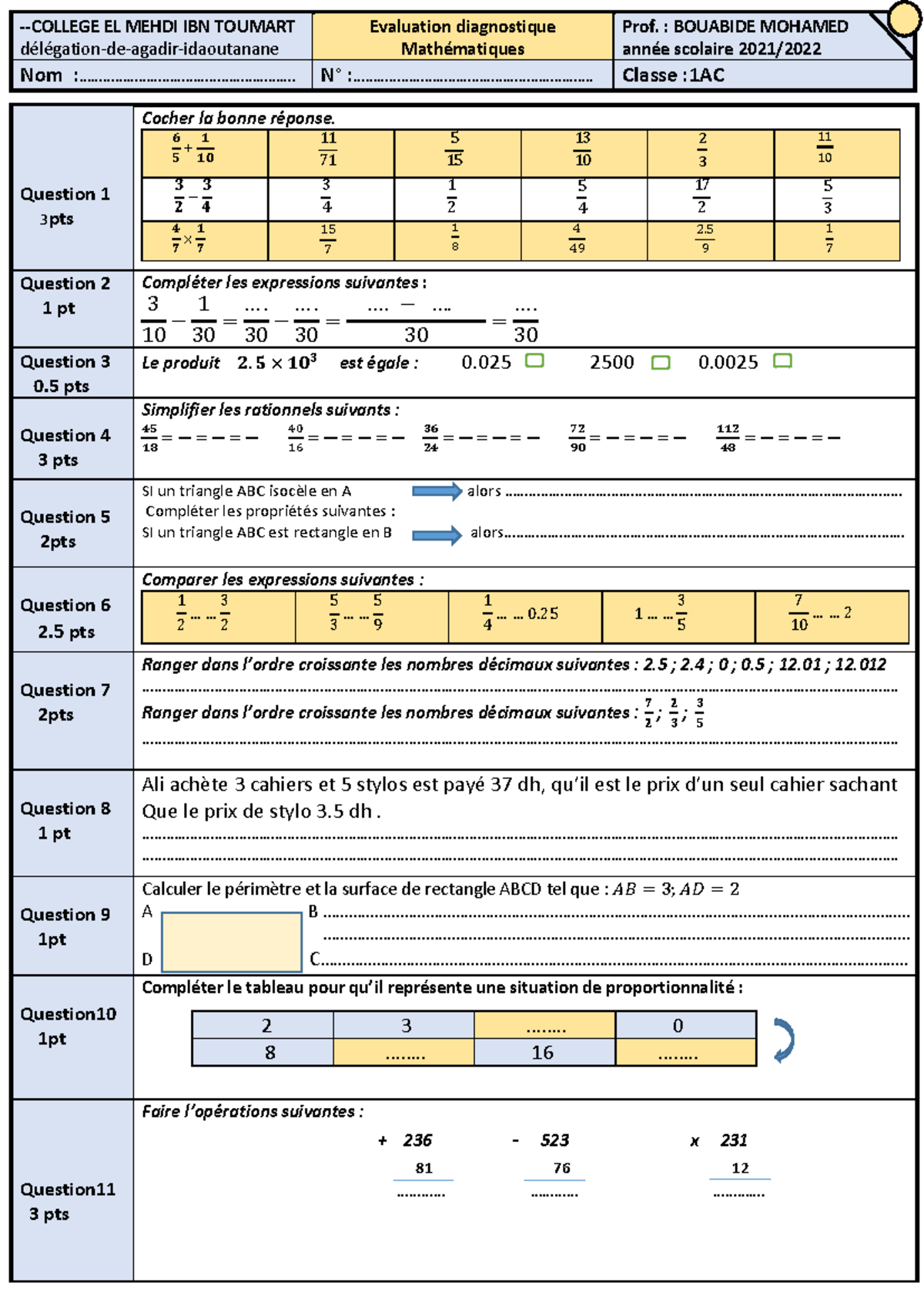 Evaluation diagnostique maths 1ac sujet -COLLEGE EL MEHDI IBN TOUMART ...
