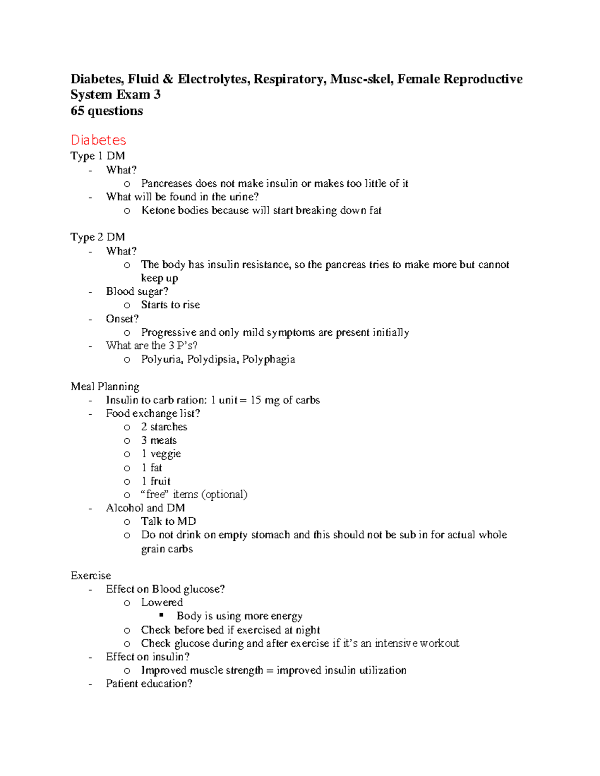 Exam 3 blueprint outline - Diabetes, Fluid & Electrolytes, Respiratory ...