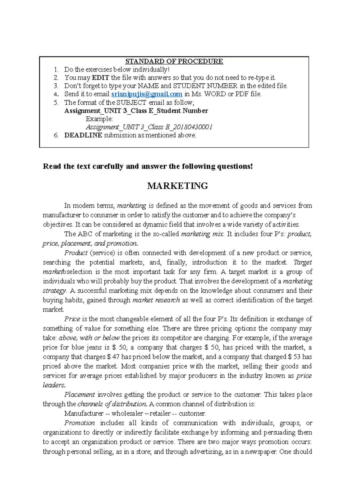 Ekonomi - Assignment English - STANDARD OF PROCEDURE Do the exercises below individually! You ...