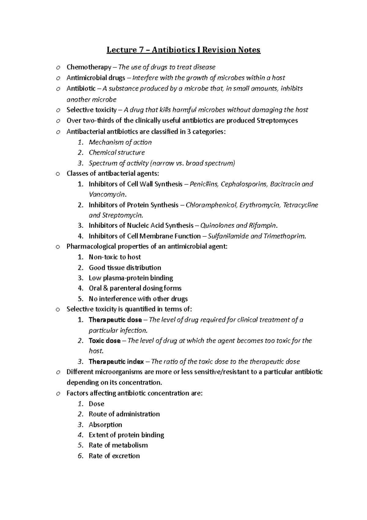 Lecture 7 - Antibiotics I - Lecture 7 – Antibiotics I Revision Notes o ...