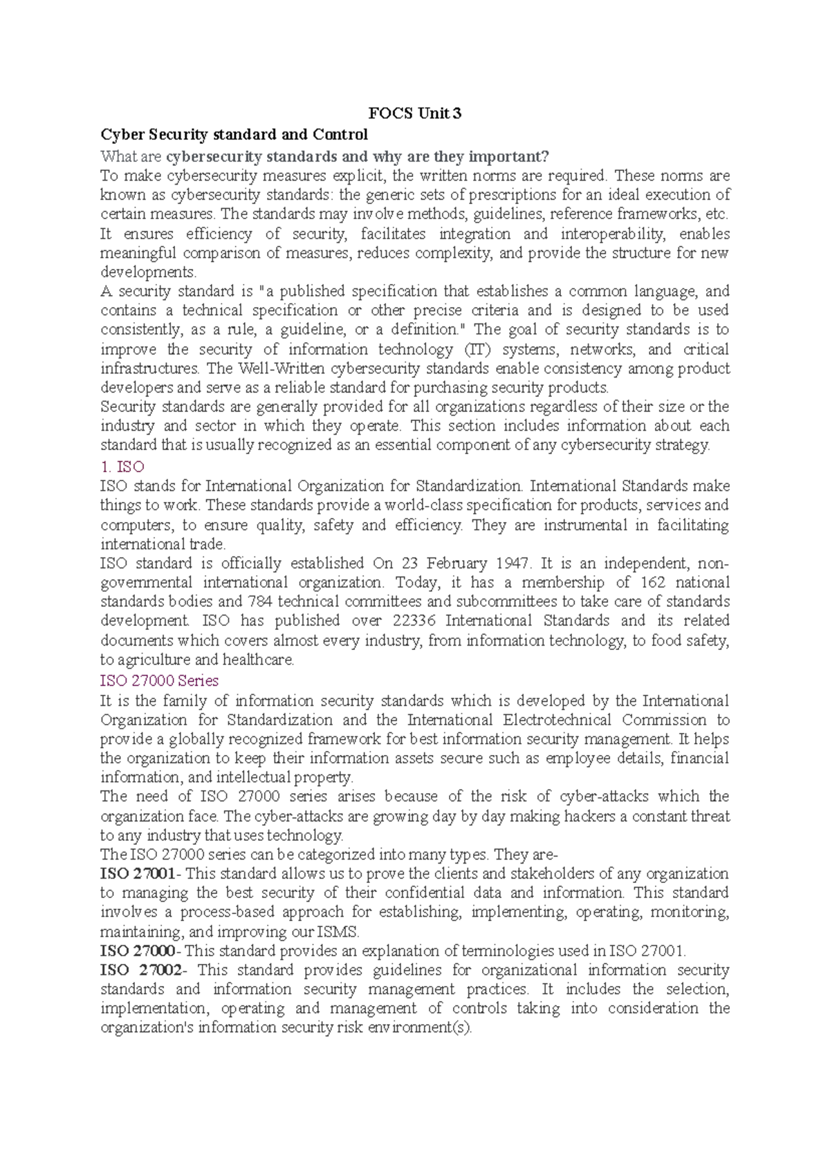 FOCS Unit 3 - None - FOCS Unit 3 Cyber Security standard and Control ...