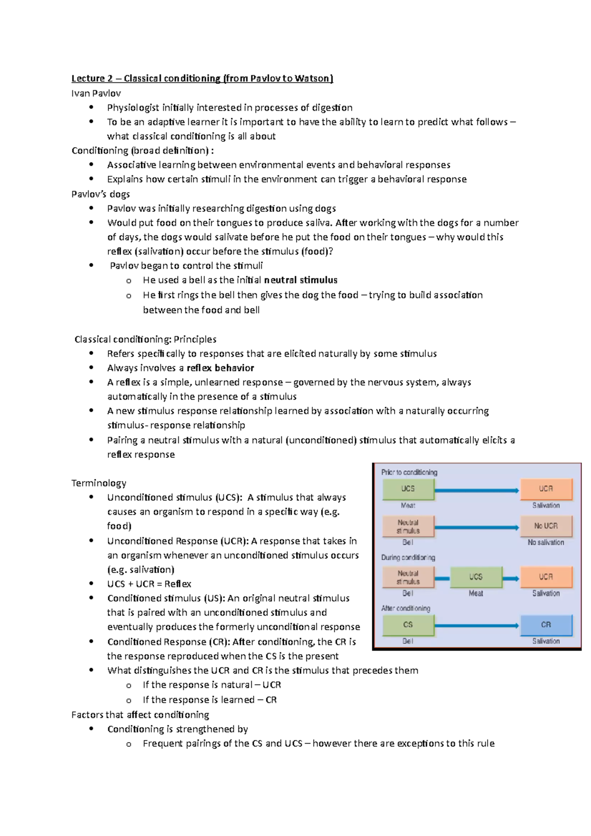 Lecture 2 - Lecture 2 – Classical conditioning (from Pavlov to Watson ...