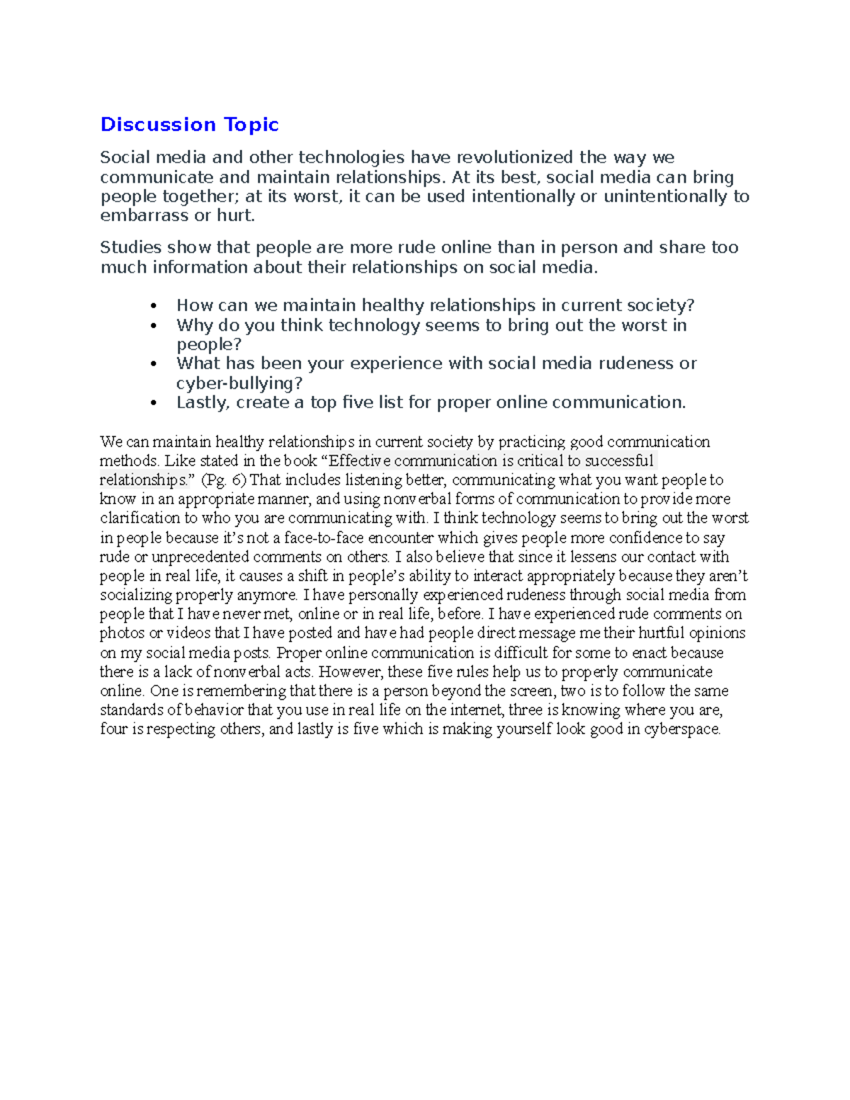 Health 100-Discussion 3 - Discussion Topic Social media and other ...