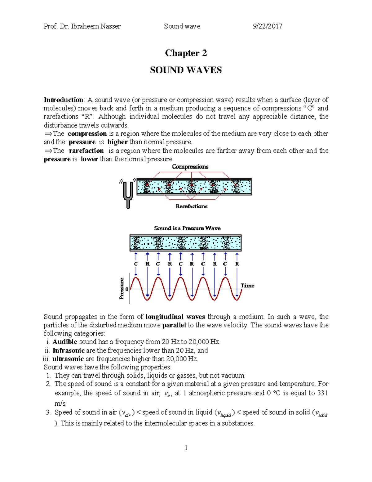 Sounds - Physics - Chapter 2 SOUND WAVES Introduction: A sound wave (or ...