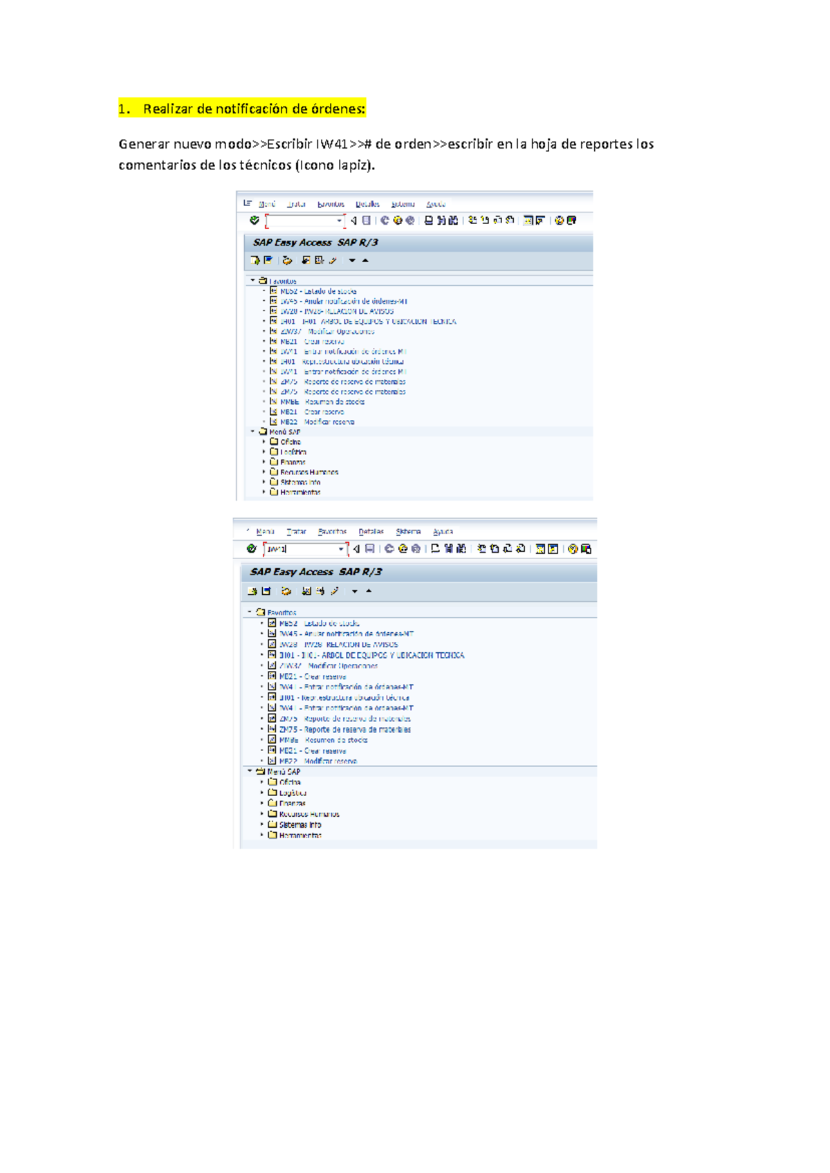 SAP manual - Realizar de notificación de órdenes: Generar nuevo modo ...
