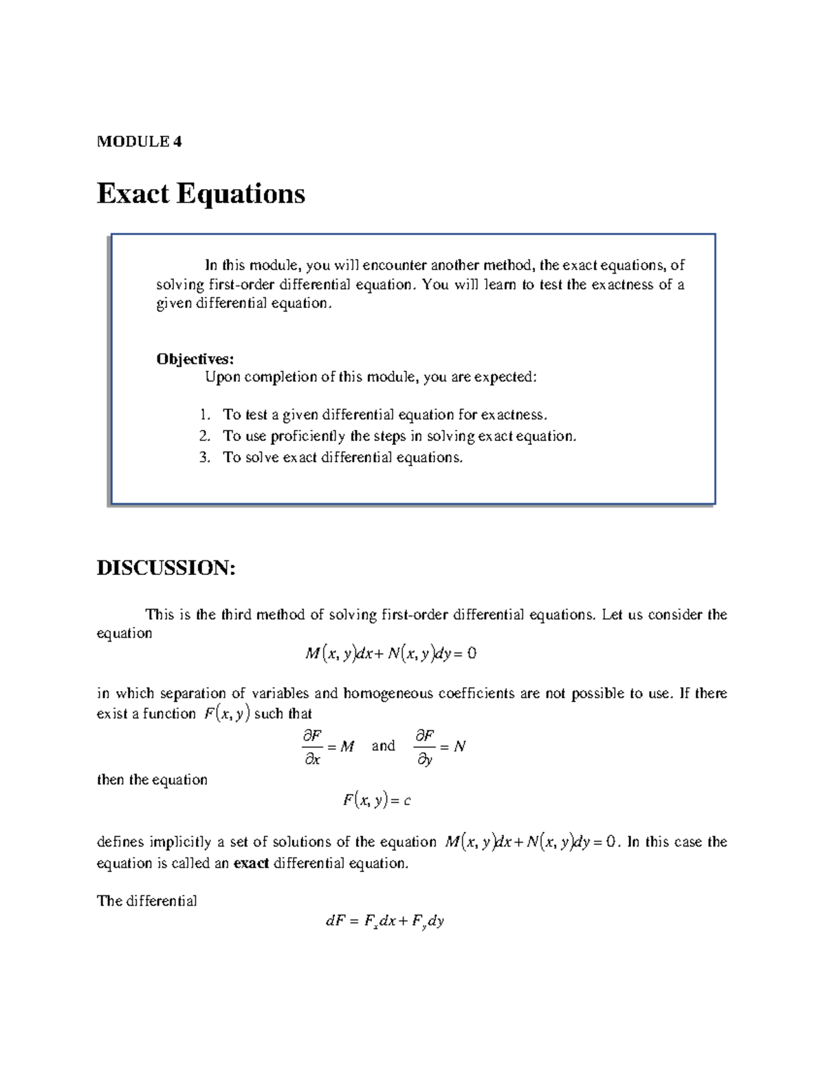 Exact Equations Department Of Mathematics And Physics 1 St Sem Sy