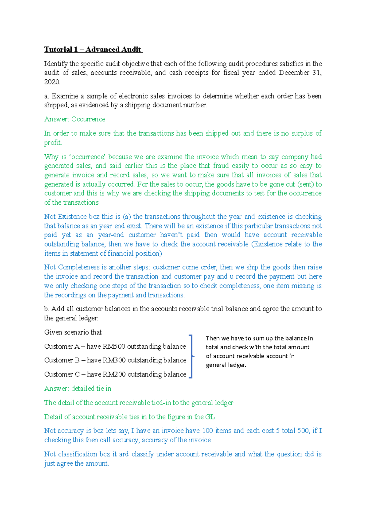 Tutorial 1 - Answer - Test of details - Tutorial 1 – Advanced Audit ...