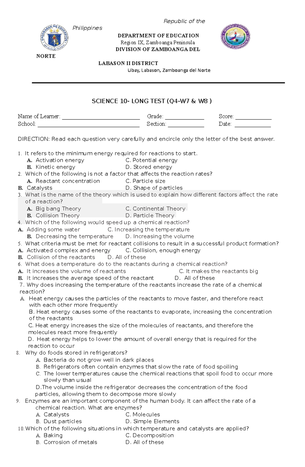 Science 10 Long Test Q 4 M78 - Republic of the Philippines DEPARTMENT ...