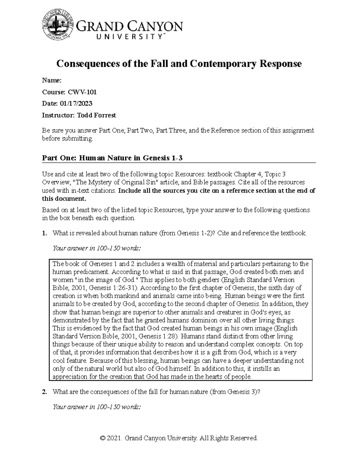 CWV-101 Topic 3 assignment - Consequences of the Fall and Contemporary ...