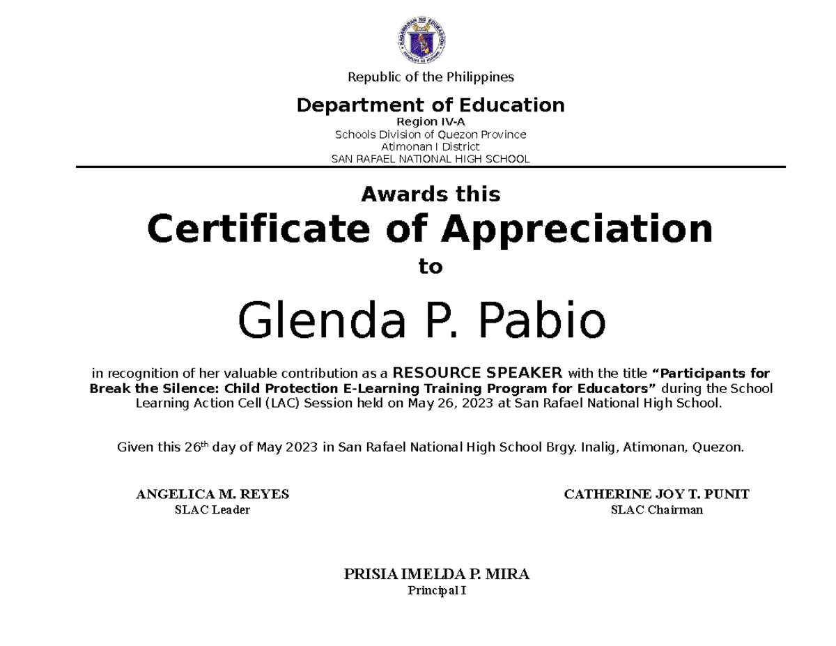 SLAC-Certificate-Format - Department of Education Region IV-A Schools ...