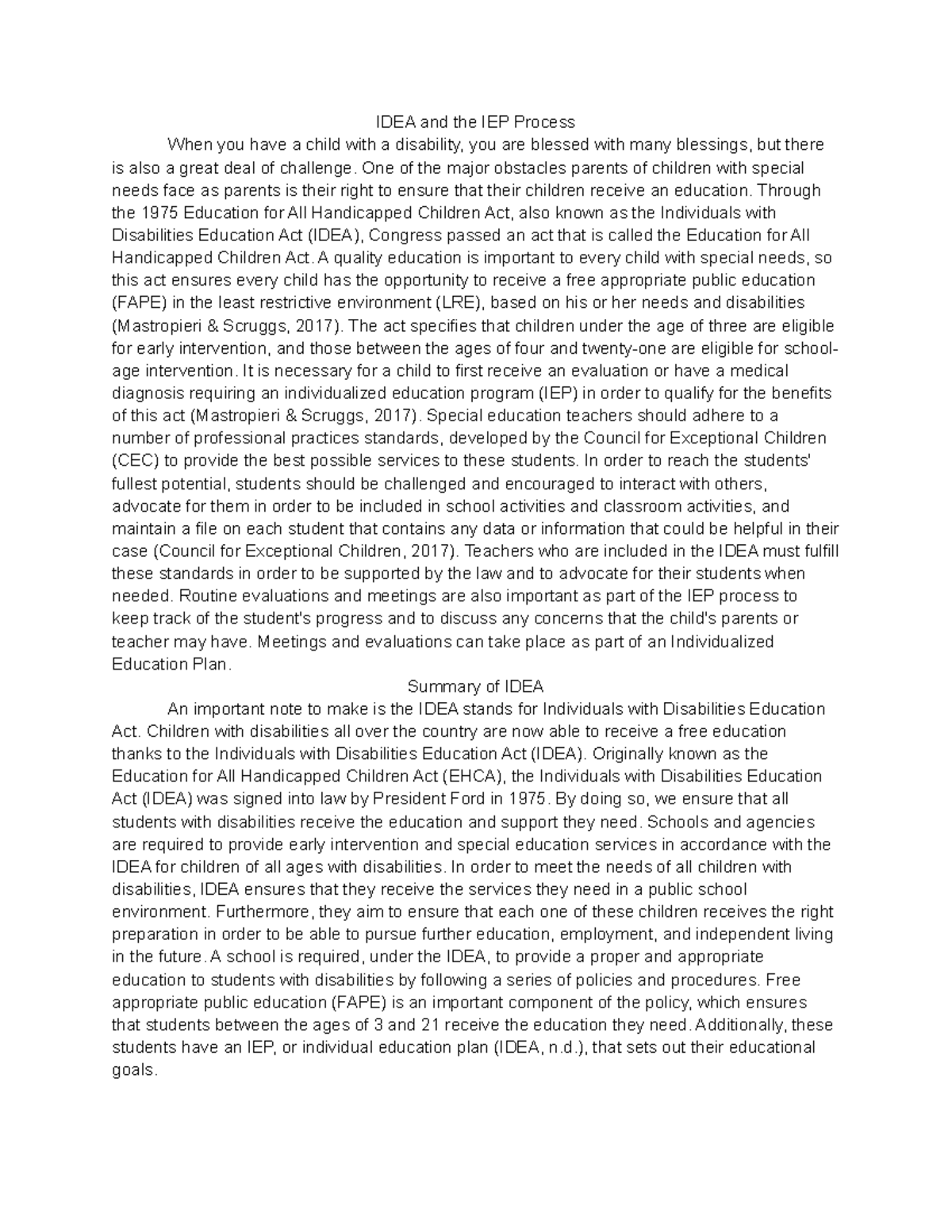 IEP Essay SPD-200 - spd 200 - IDEA and the IEP Process When you have a child with a disability ...