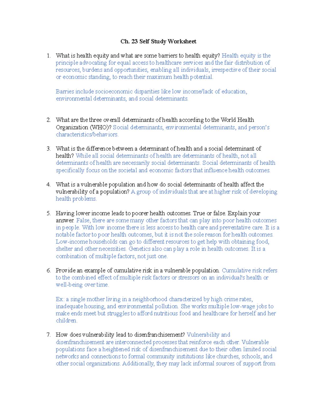 Ch. 23 Worksheet - Ch. 23 Self Study Worksheet What is health equity ...