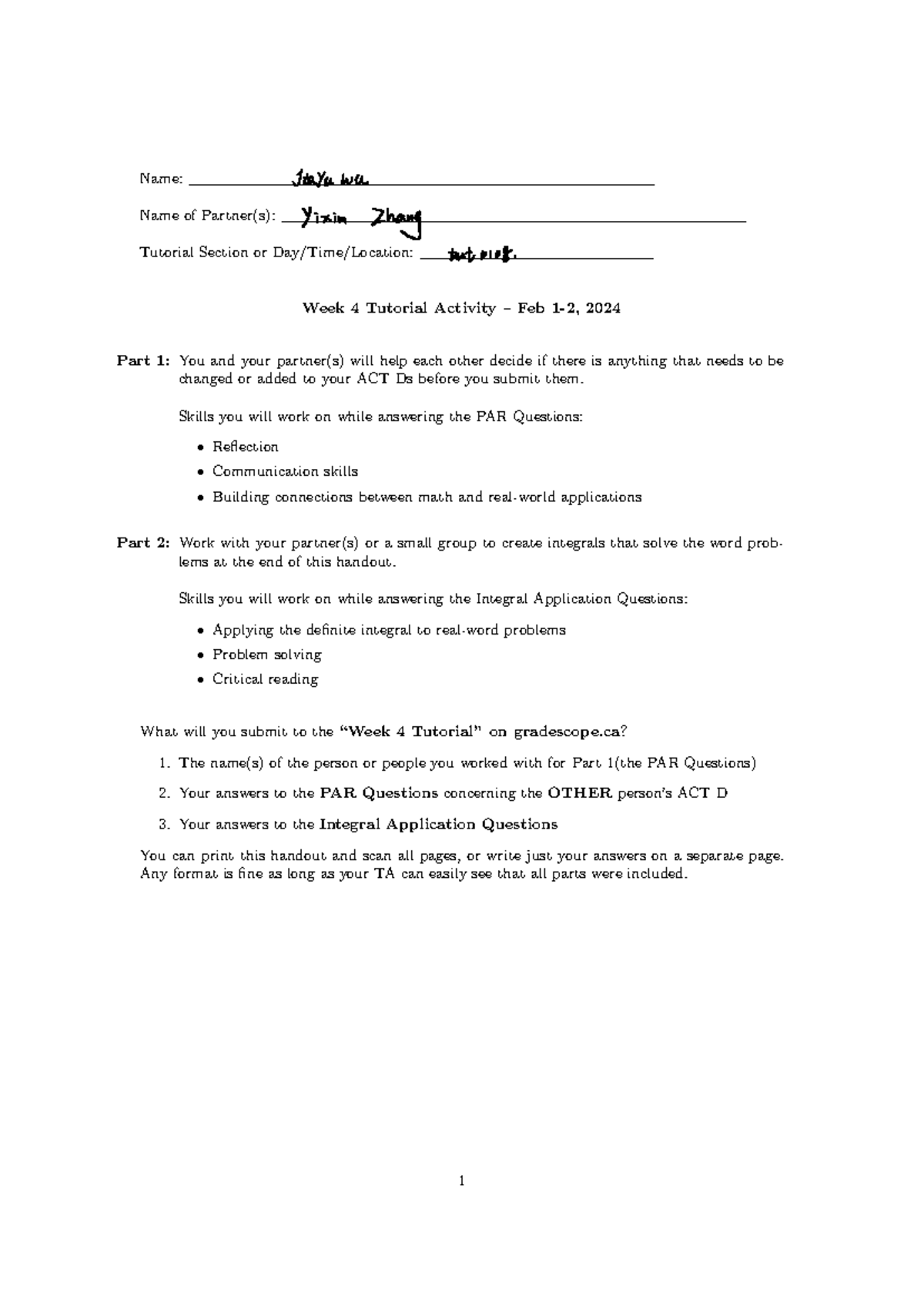 W4-tutorial-handout - class - Name: Name of Partner(s): Tutorial Section or Day/Time/Location ...