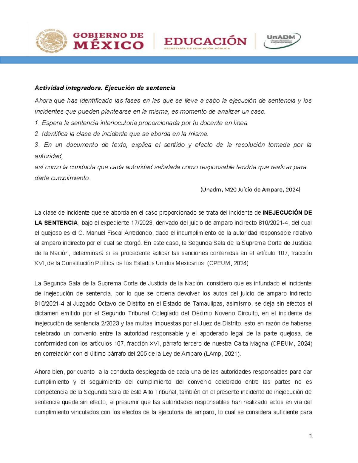 M20 U2 S6 juicio amparo 03 - Actividad integradora. Ejecución de sentencia Ahora que has - Studocu