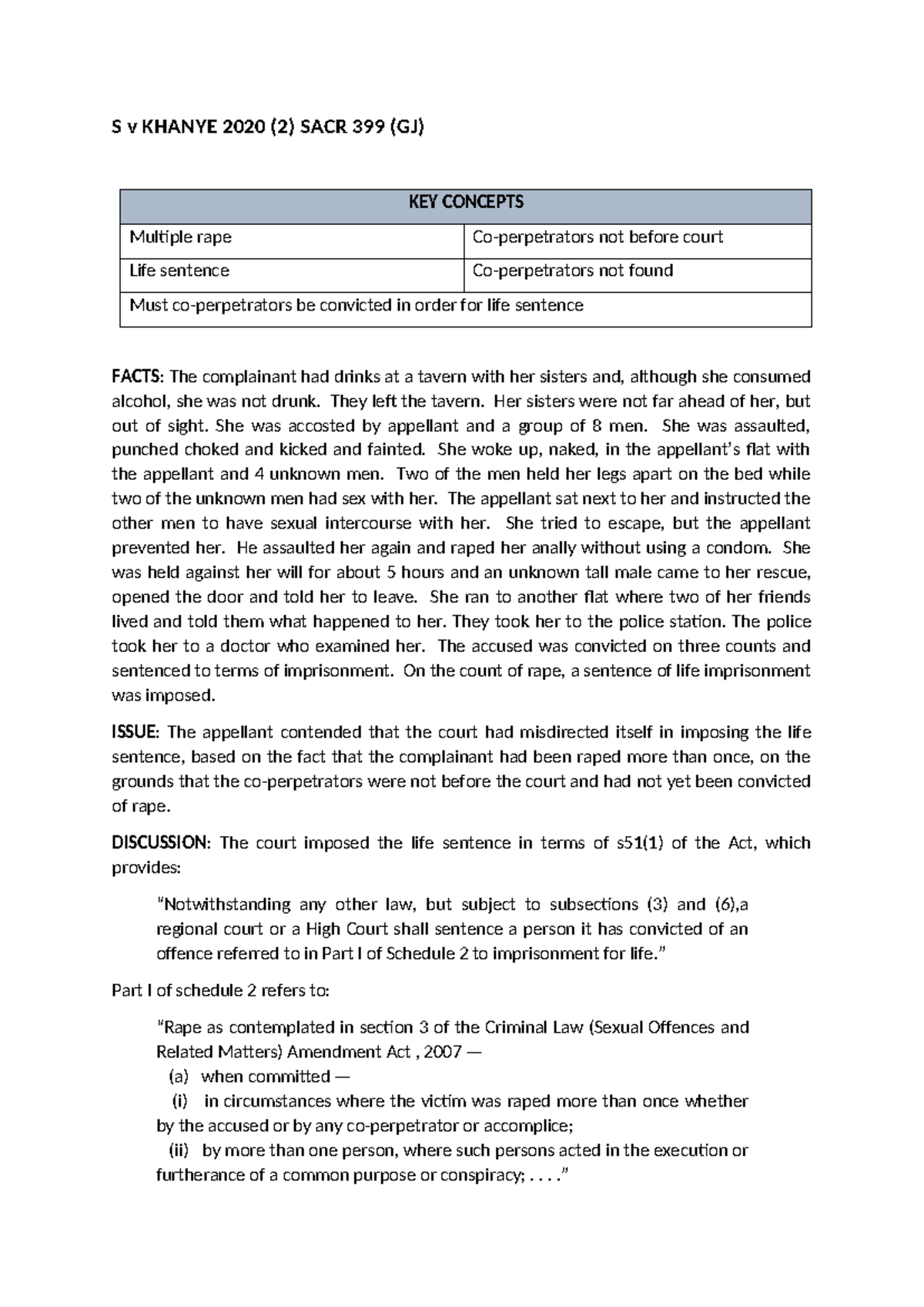 Case Summary S v Khanye 2020 (2) SACR 399 (GJ) - S v KHANYE 2020 (2 ...
