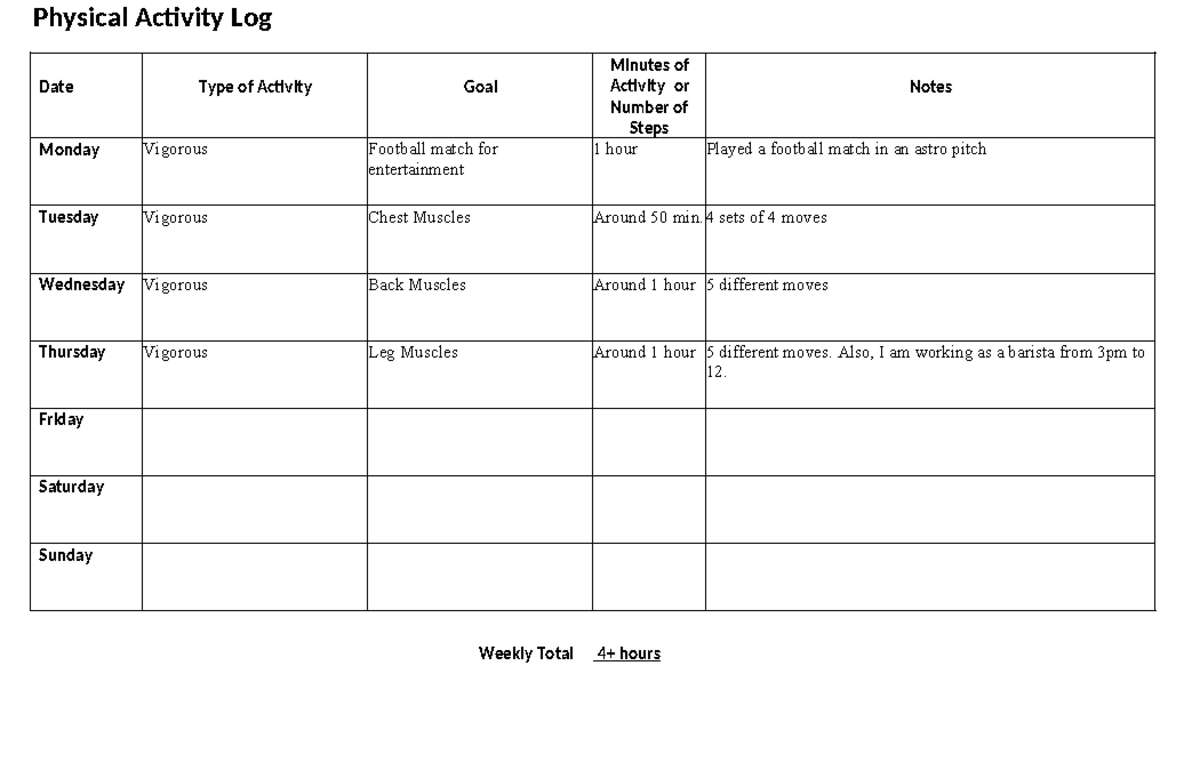 Physical Log-10 - Physical Activity Log Date Type of Activity Goal ...