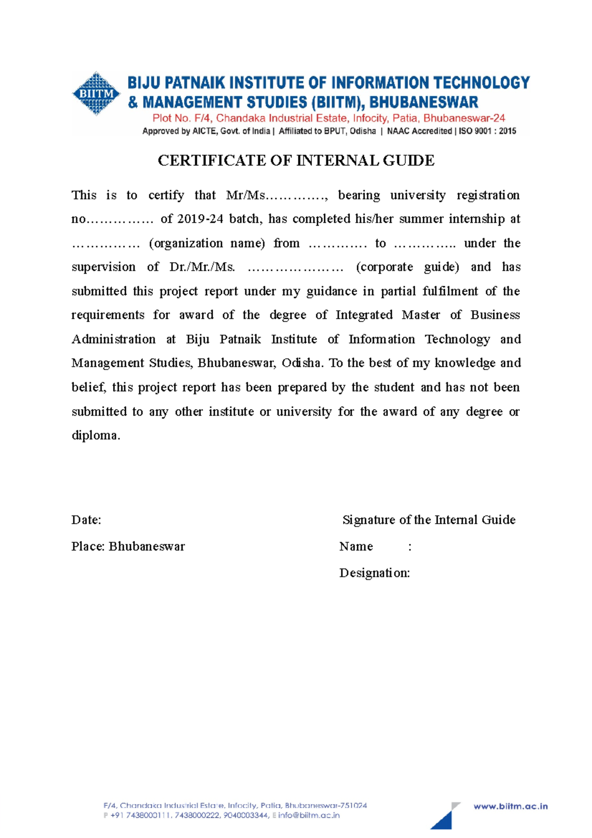 Internal guide certificate - CERTIFICATE OF INTERNAL GUIDE This is to ...