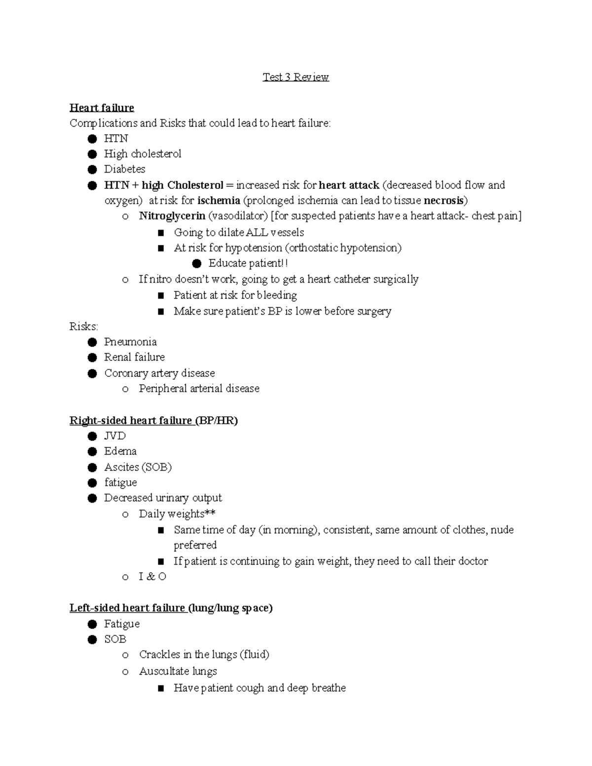 Test 3 Review and blueprint - Test 3 Review Heart failure Complications ...