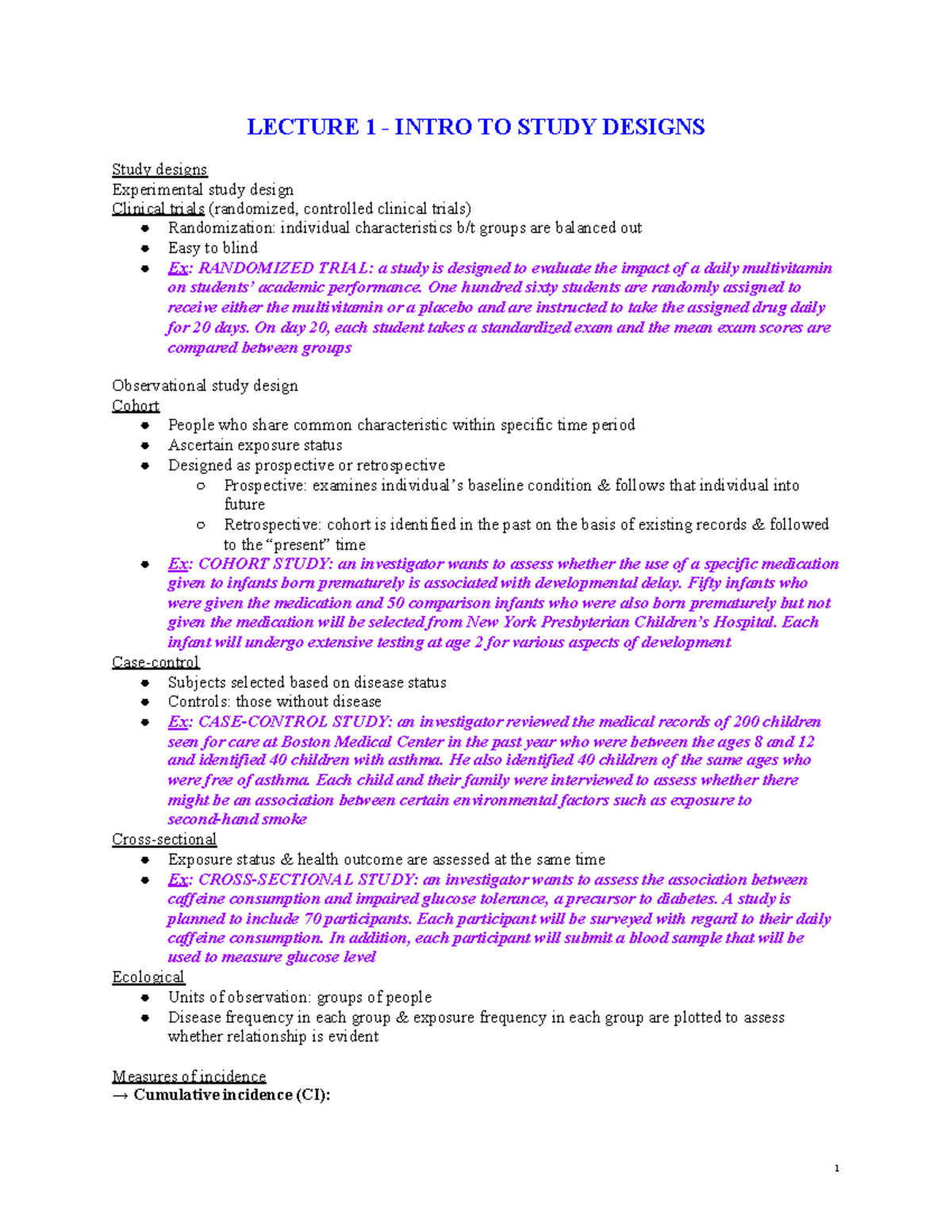 Biostatistics final - LECTURE 1 - INTRO TO STUDY DESIGNS Study designs Experimental study design ...