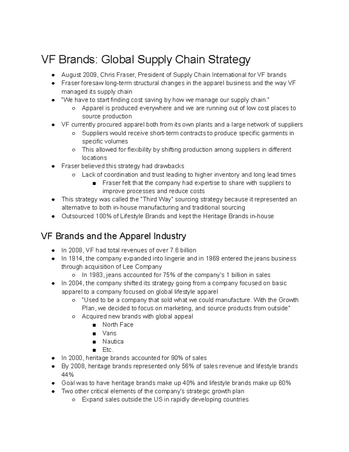 MGMT370 VF Brands - VF Brands: Global Supply Chain Strategy August 2009 ...