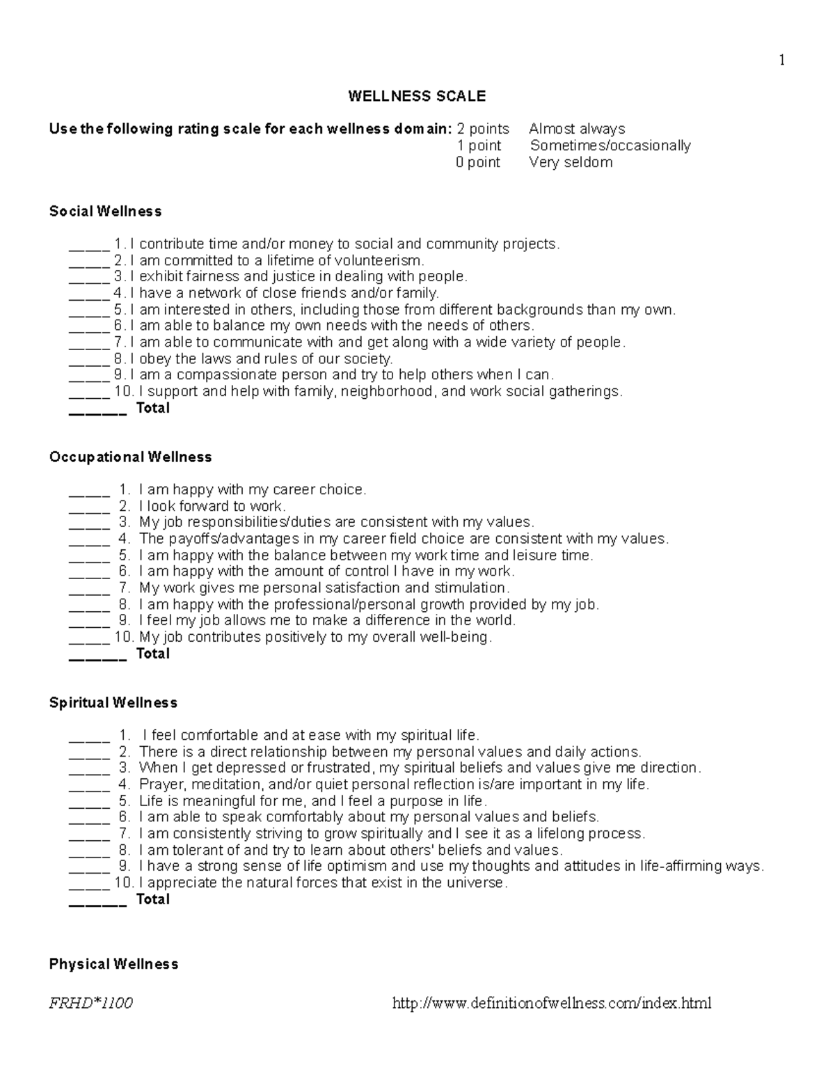 Wellness Inventory Sheet - 1 WELLNESS SCALE Use the following rating ...