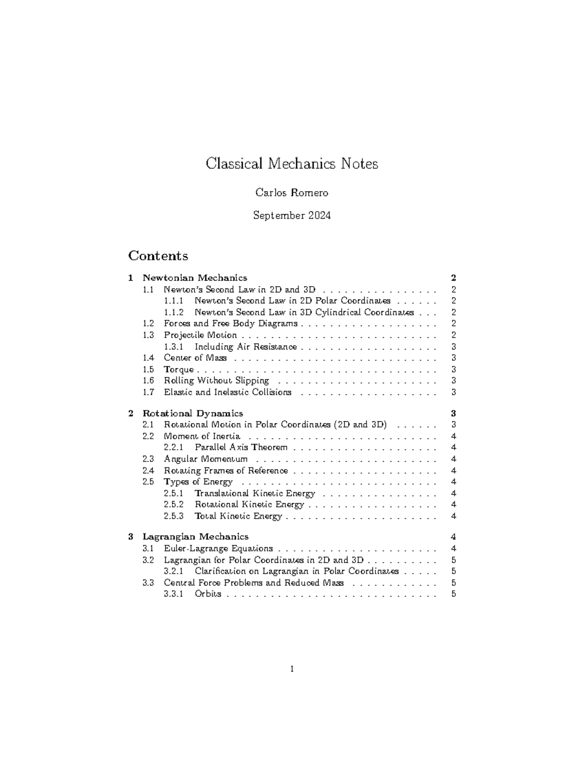 Classical Mech Notes - Classical Mechanics Notes - September Carlos ... Classical Mech Notes - Classical Mechanics Notes - September Carlos ...