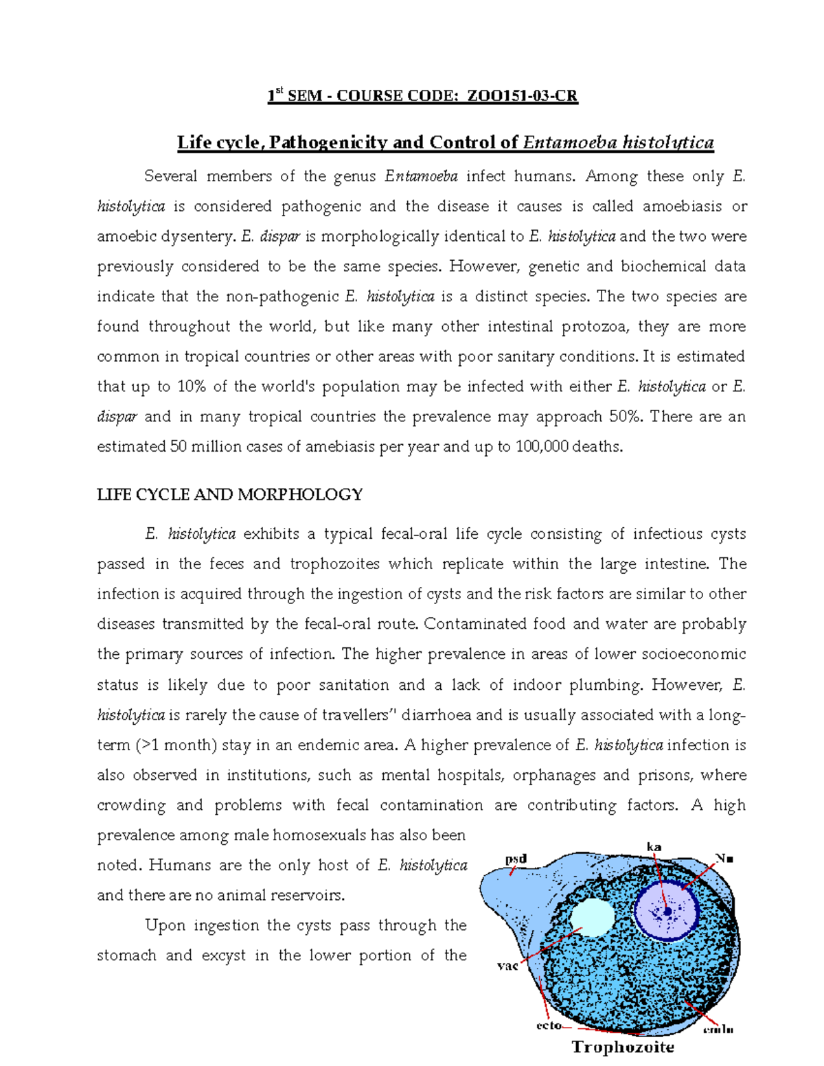 Morphology, life cycle, pathogenicity and control of Entamoeba ...