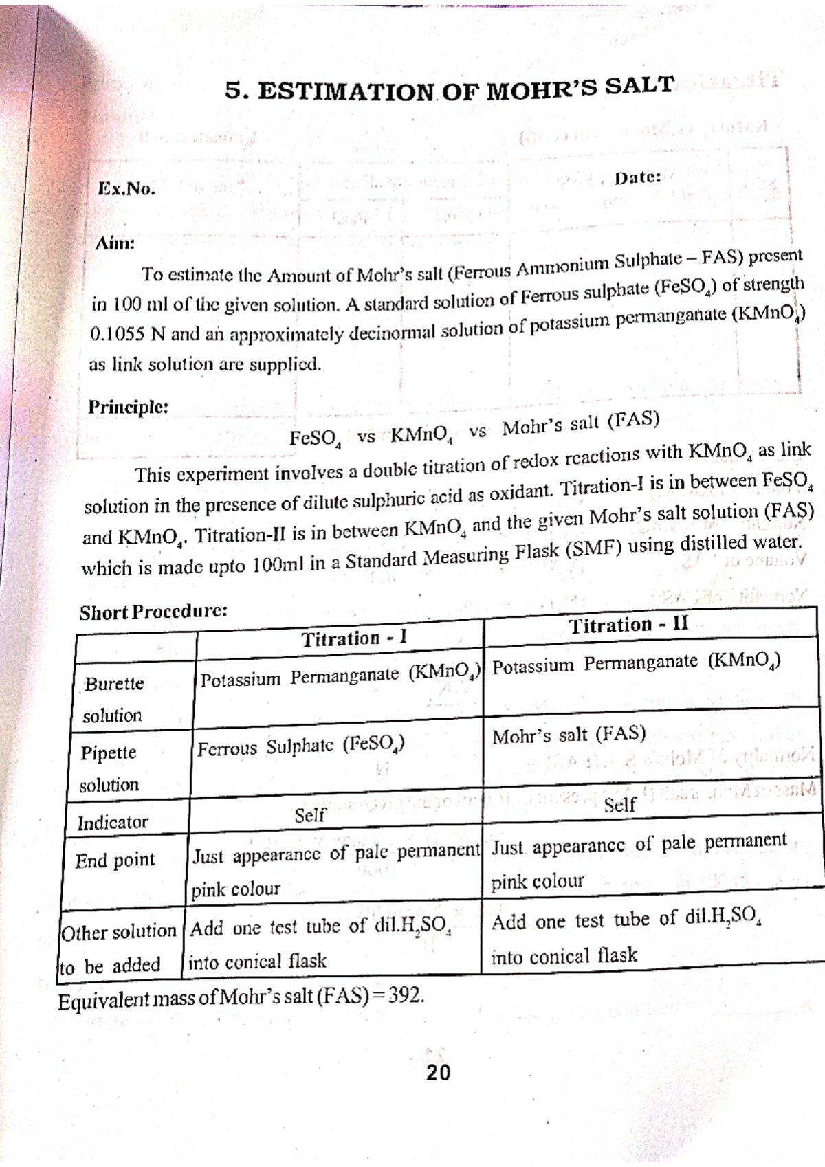 Estimation of mohr's salt - Organic chemistry - Studocu