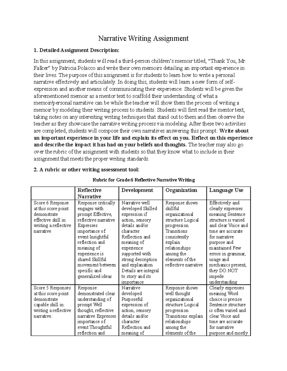 Writing Sequence Assignments and Assessments LAE4342 - Narrative ...