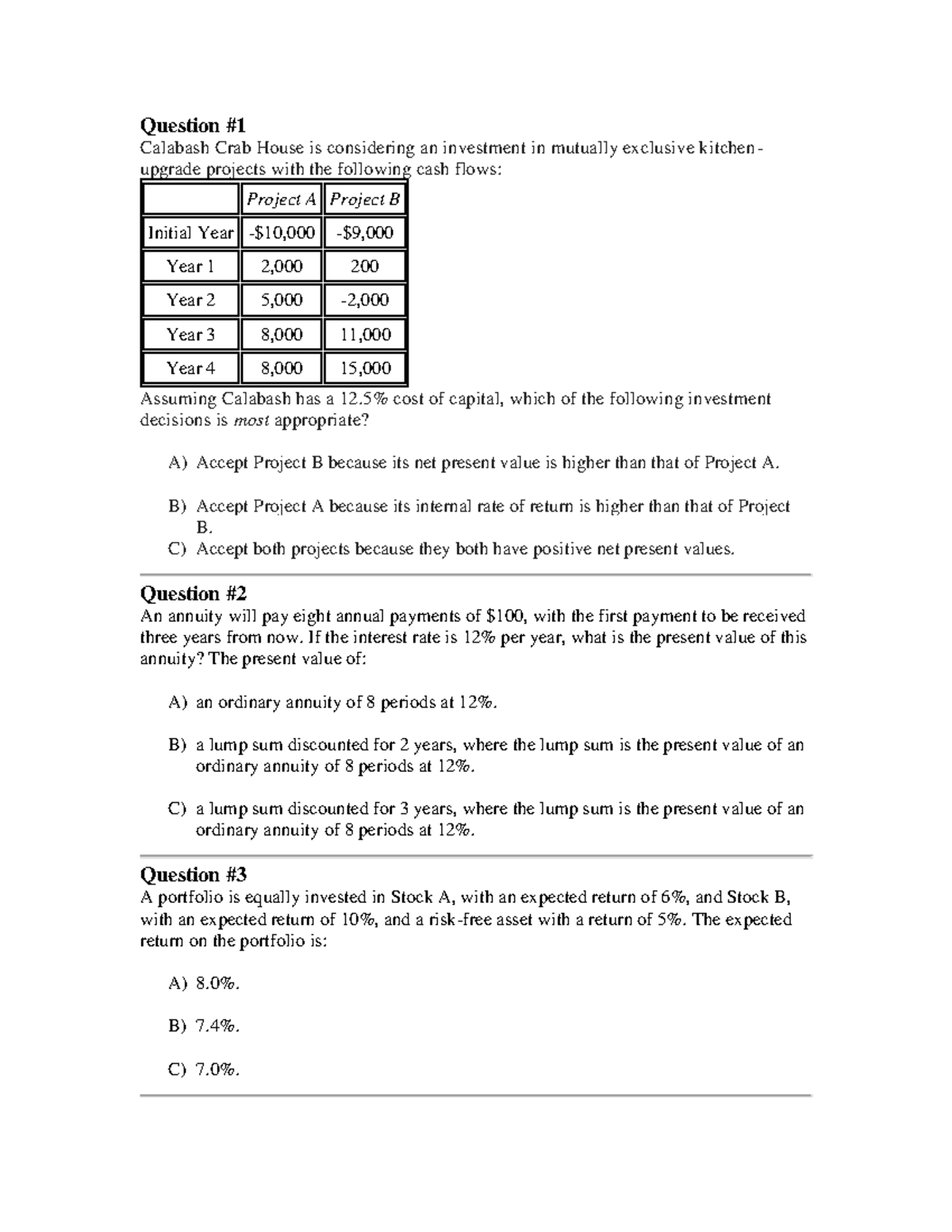 MQT H19 - Exercices pour CFA - Calabash Crab House is considering an ...
